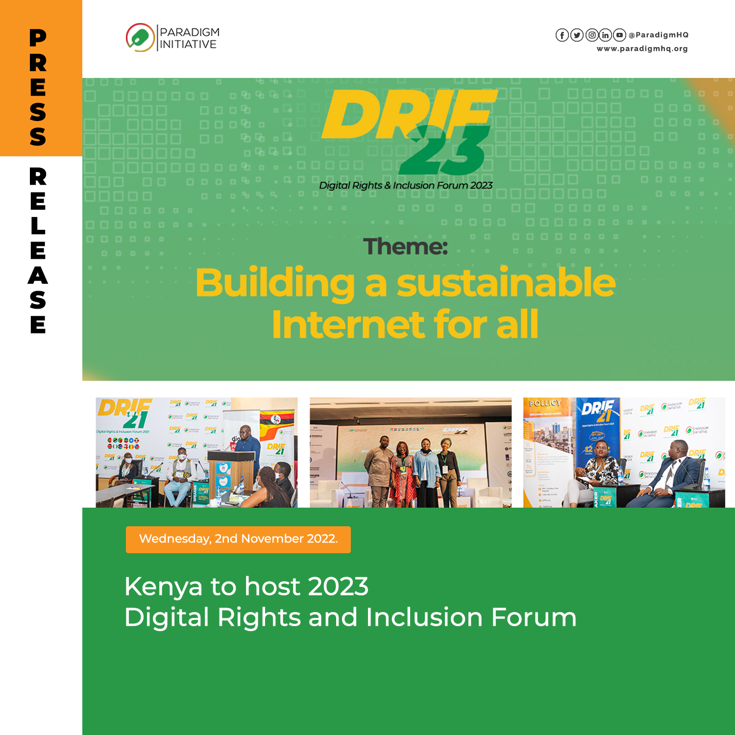 PRESS RELEASE: Kenya to host 2023 Digital Rights and Inclusion Forum - Paradigm Initiative